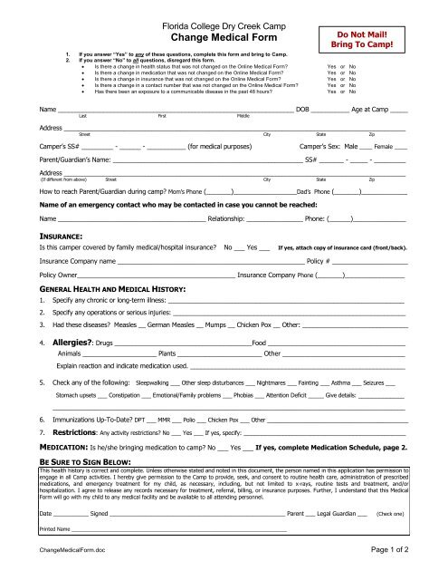 Change Medical Form - Dry Creek Camp