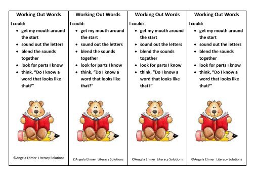 Reading Strategy bookmarks for younger ... - Literacy Solutions