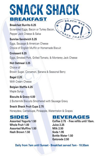 Snack Shack Menu - Postcard Inn on the Beach