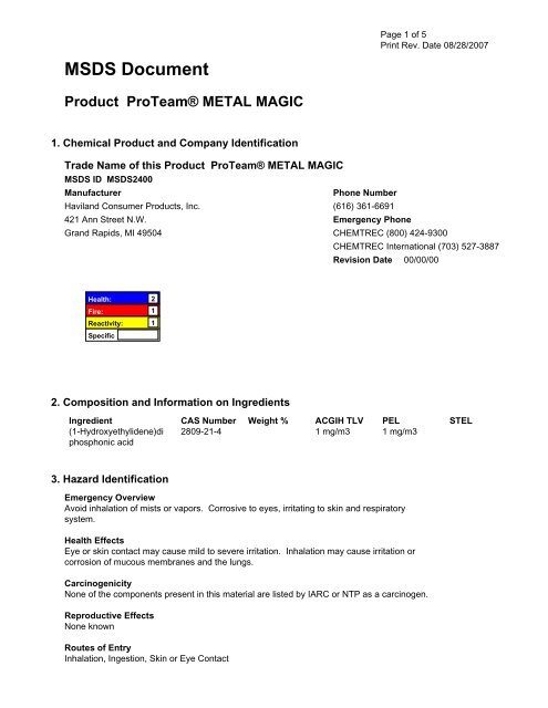 Metal Magic MSDS - ProTeam Pool Care