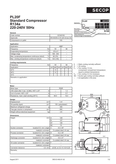 PL20F Standard Compressor R134a 220-240V 50Hz - Secop
