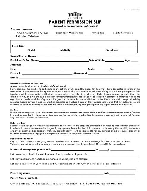 PARENT PERMISSION SLIP - City on a Hill
