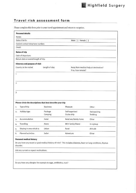 Travel risk assessment form - Highfield Surgery