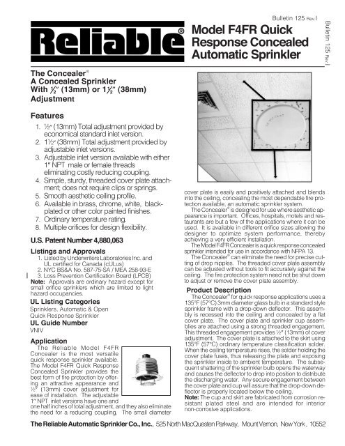 Reliable Concealed Sprinkler Model F4FR - Firequip