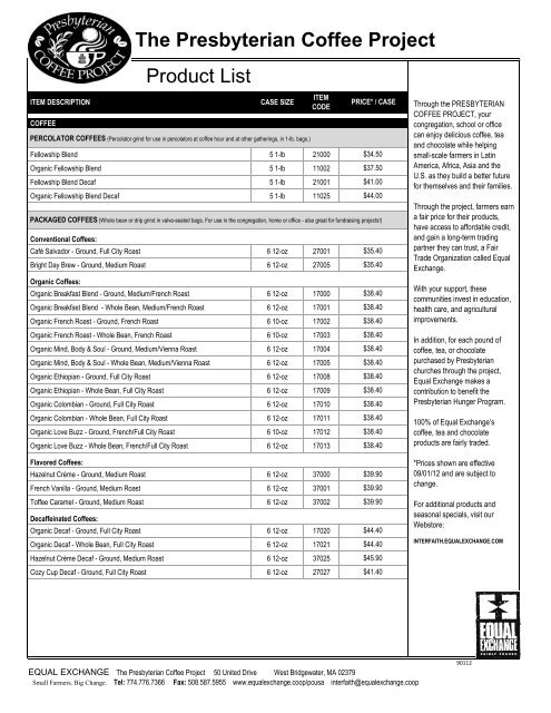 The Presbyterian Coffee Project Product List - Equal Exchange