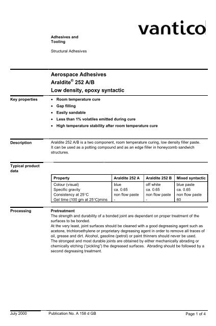Aerospace Adhesives Araldite 252 A/B Low density, epoxy syntactic