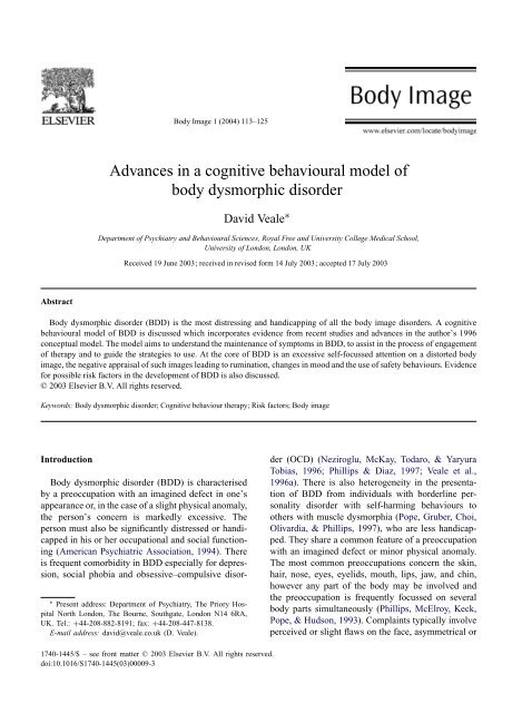Advances in a cognitive behavioural model of body ... - Dr David Veale