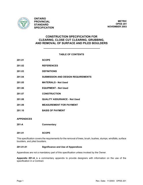 CONSTRUCTION SPECIFICATION FOR - Ontario