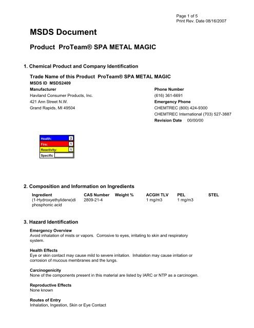Spa Metal Magic MSDS - ProTeam Pool Care
