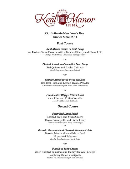Intimate New Year's Eve Dinner Menu - Kent Manor Inn