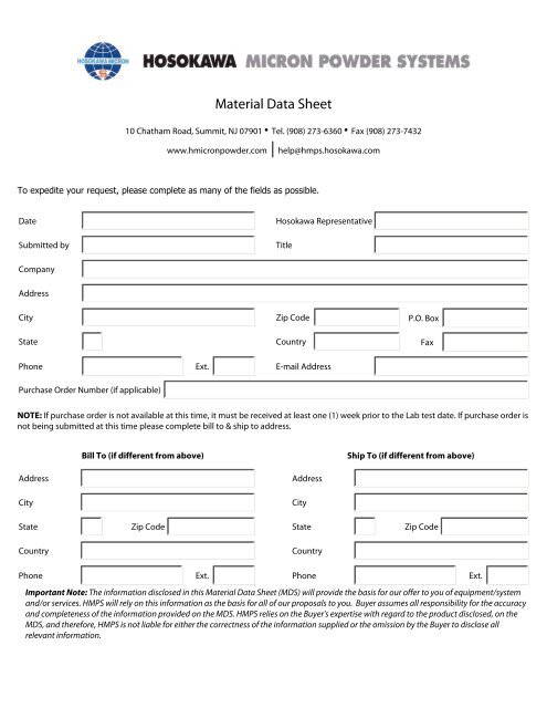 Material Data Sheet - Hosokawa Micron Powder Systems