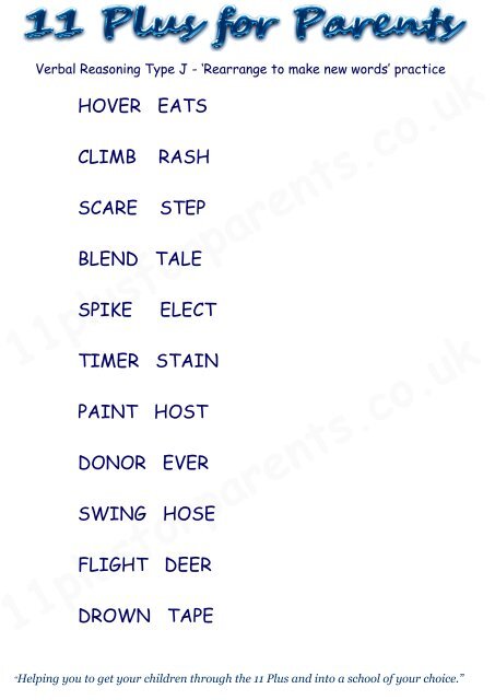 Verbal Reasoning Type J worksheet - Guide for the 11 Plus