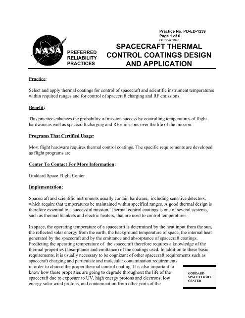 spacecraft thermal control coatings design and application - NASA