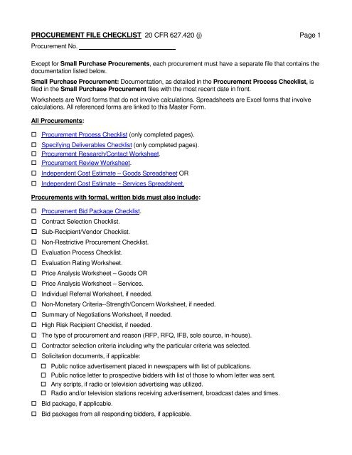 PROCUREMENT FILE CHECKLIST 20 CFR 627.420 ... - Flo Samuels