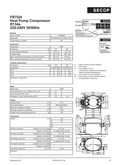 FR7GH Heat Pump Compressor R134a 220-240V 50/60Hz - Secop
