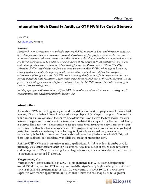 Integrating high density antifuse OTP NVM for code storage - Kilopass