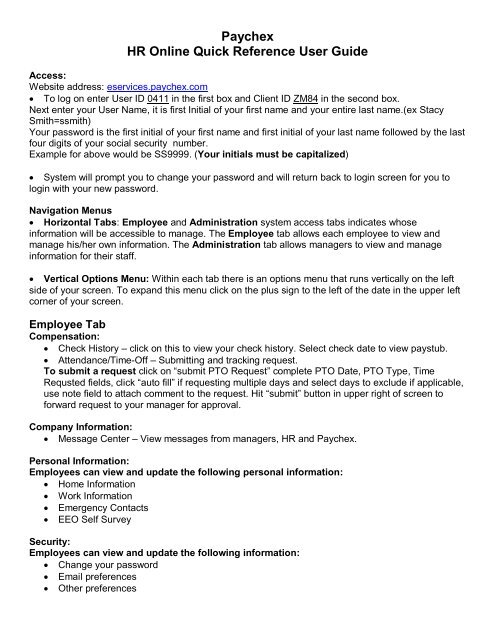 Paychex HR Online Quick Reference User Guide