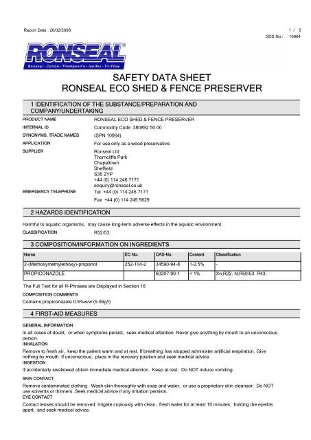safety data sheet ronseal eco shed & fence preserver - Toolbank