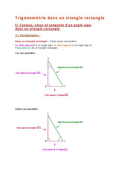 cosinus et sinus triangle rectangle