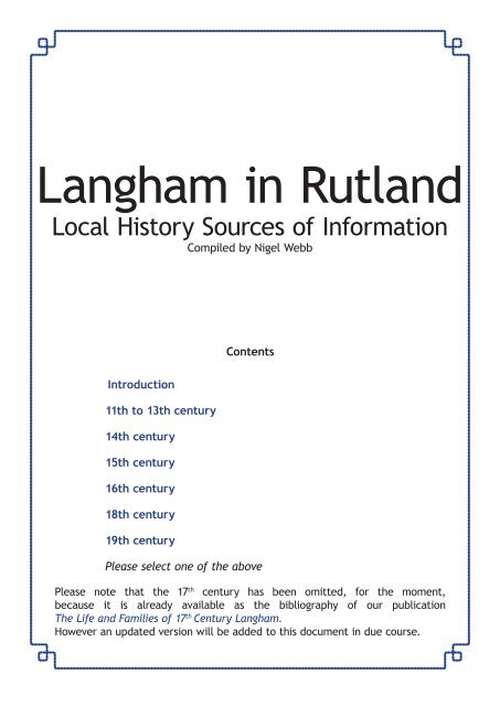 Sources of Langham Local History Information 11th > 19th century