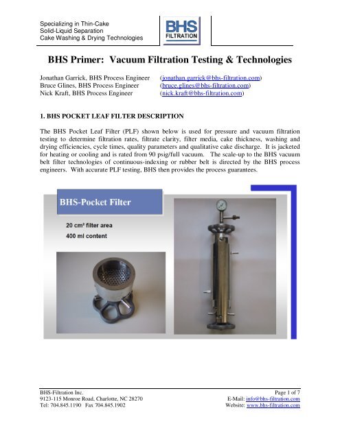 BHS Primer: Vacuum Filtration Testing & Technologies - BHS Filtration