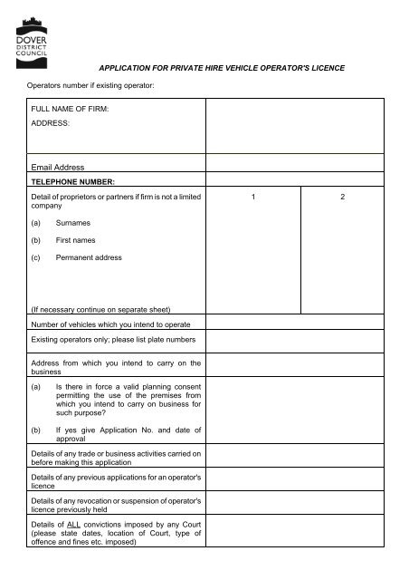 Application for a Private Hire operators Licence - Dover District ...