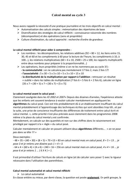 Calcul mental au cycle 3 - Circonscription de Soissons Centre