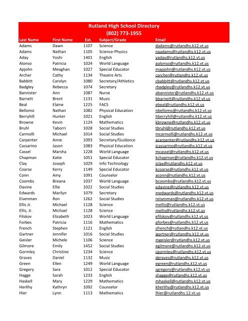 RHS Faculty and Staff Directory - Rutland High School
