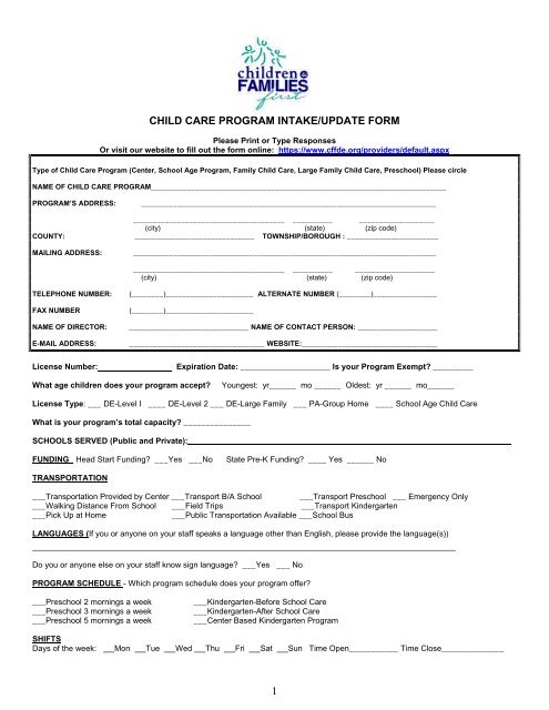 Child Care Program Intake Update Form - Children & Families First