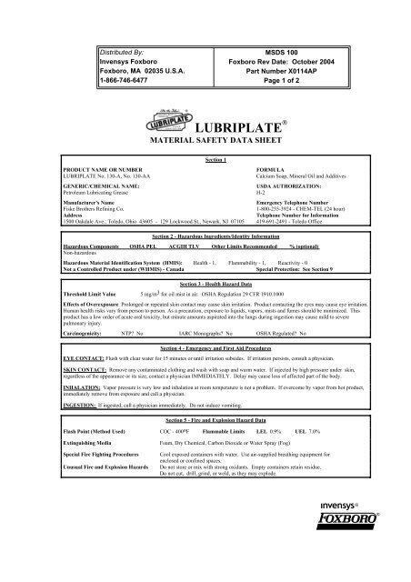lubriplate 130a material safety data sheet - ChemCenters