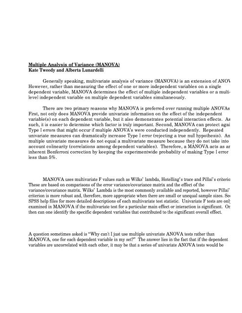 Multiple Analysis of Variance (MANOVA) Kate Tweedy and ... - Schatz