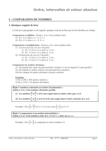 Ordre, intervalles, valeur absolue - CAPES de Maths