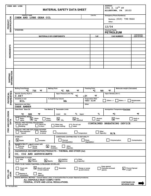 material safety data sheet chem and lube gear oil 12/04 petroleum ...