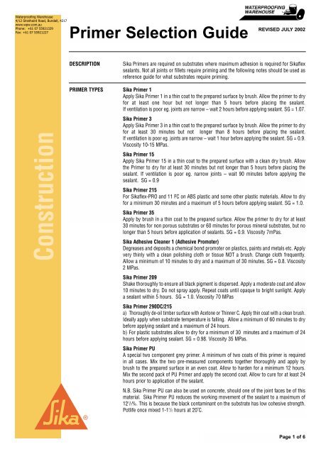 Sika Primer Selection Guide - Waterproofing Warehouse