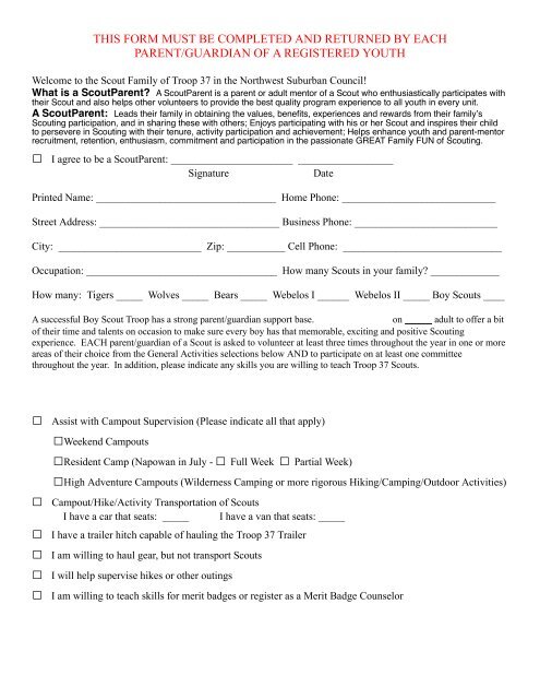 Parent Commitment Form Troop 37 Northwest Suburban Council