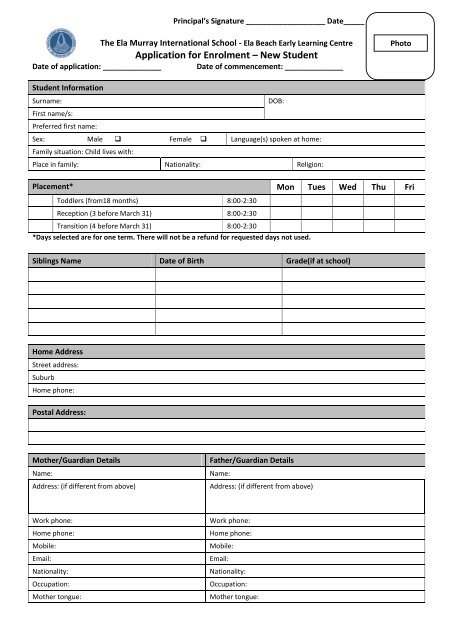 Application for Enrolment â New Student