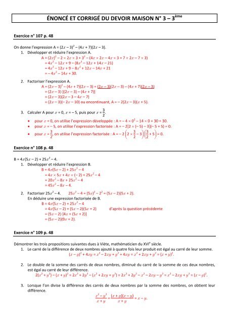 Devoir Maison De Math 3eme Corrigé Equation | Ventana Blog