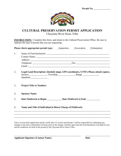 cultural preservation permit application - Cheyenne River Sioux Tribe