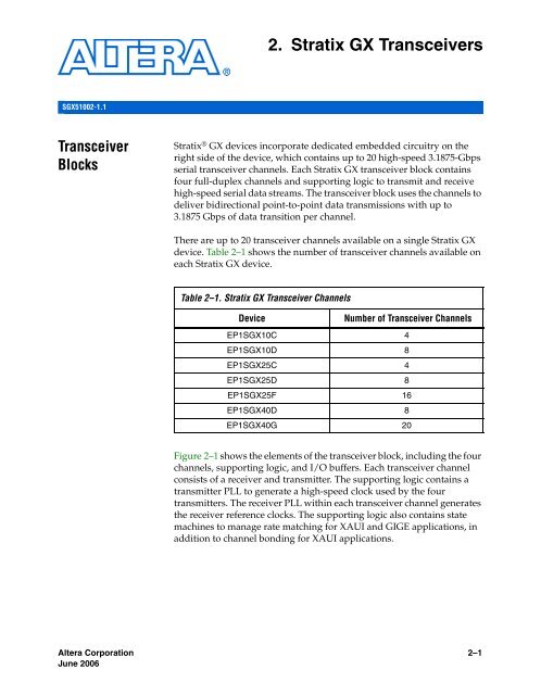 Chapter 2, Stratix GX Transceivers, Stratix GX Device ... - Altera