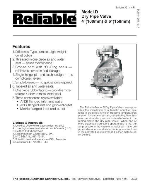 Model D Dry Pipe Valve 4Â²(100mm) & 6Â²(150mm) Features - Reliable