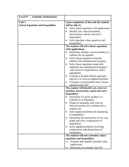 Level IV Academic Mathematics Unit 1 Linear Equations and ...