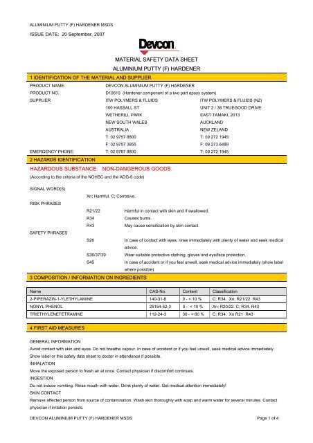 TITANIUM PUTTY RESIN ITW Devcon Material Safety Data Sheet, 54% OFF