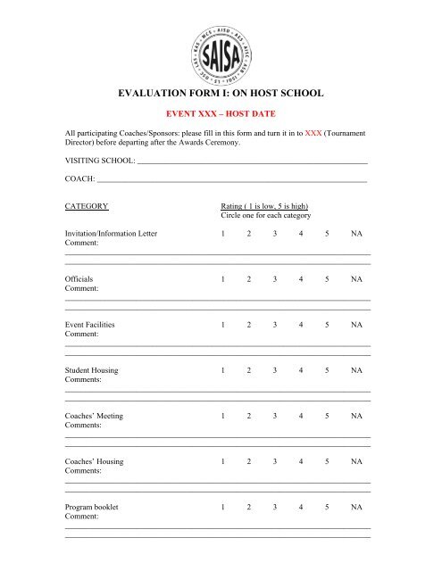 EVALUATION FORM I: ON HOST SCHOOL - saisa-org