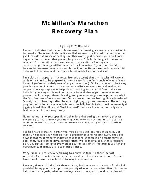 McMillan's Marathon Recovery Plan
