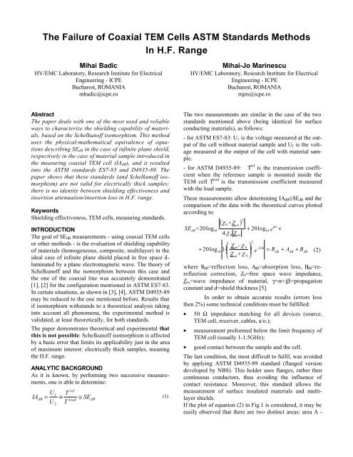 The Failure of Coaxial TEM Cells ASTM Standards Methods In H.F.