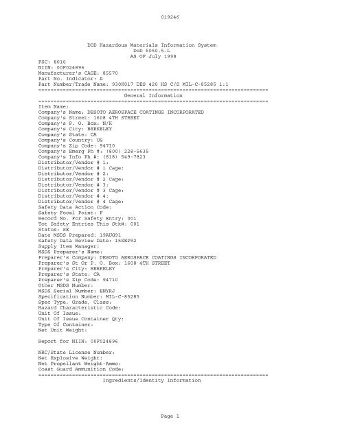 material safety data sheet mil-prf-85285 - ChemCenters