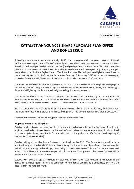 Catalyst announces Share Purchase Plan - Catalyst Metals