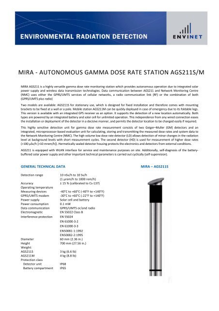 MIRA - AUTONOMOUS GAMMA DOSE RATE STATION AGS211S/M