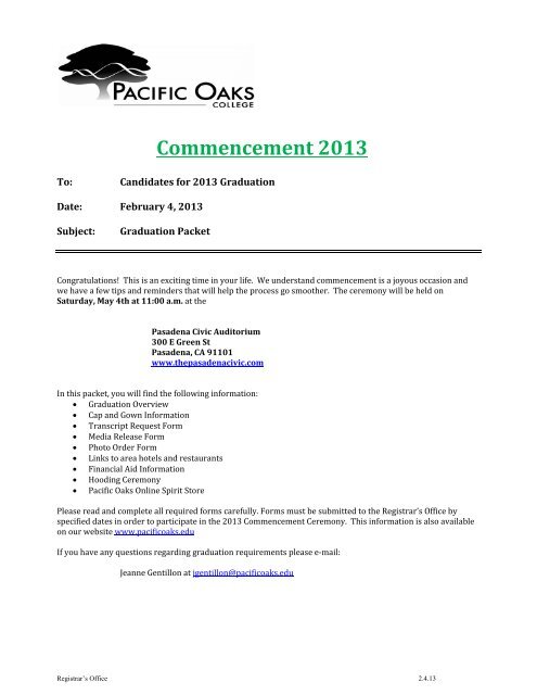 Pasadena Commencement Information Packet - Pacific Oaks College
