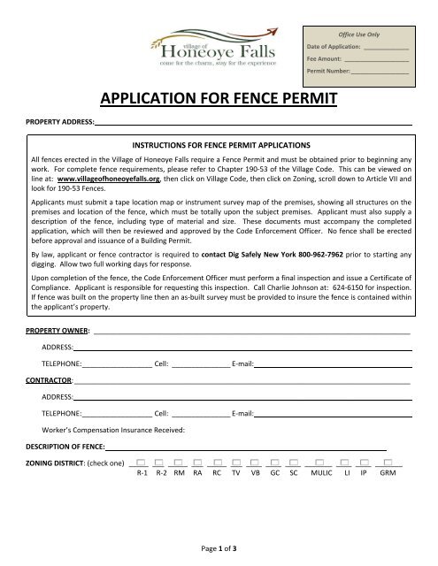 APPLICATION FOR FENCE PERMIT - Village of Honeoye Falls